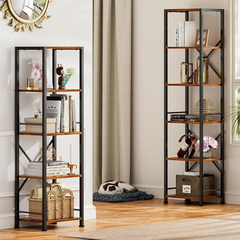 17 Stories 5 Tier Tall Bookshelf Rustic Narrow Bookcase Display Standing Shelf Units Metal And Wood Storage Shelves Organizer For Bedroom Living Room Home Office Entryway Kitchen Rustic Brown Wayfair